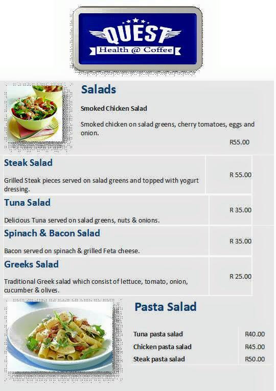 Menu at Quest Health at Coffee restaurant, Bloemfontein