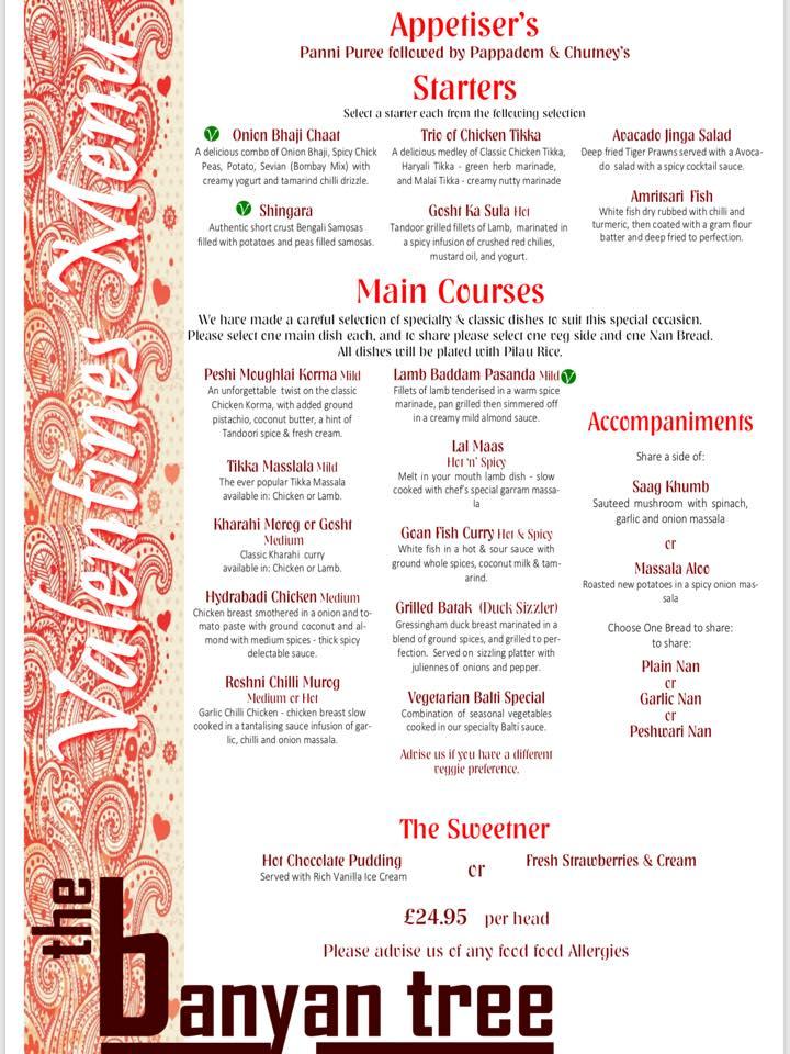 Menu at The Banyan Tree restaurant, Nottingham
