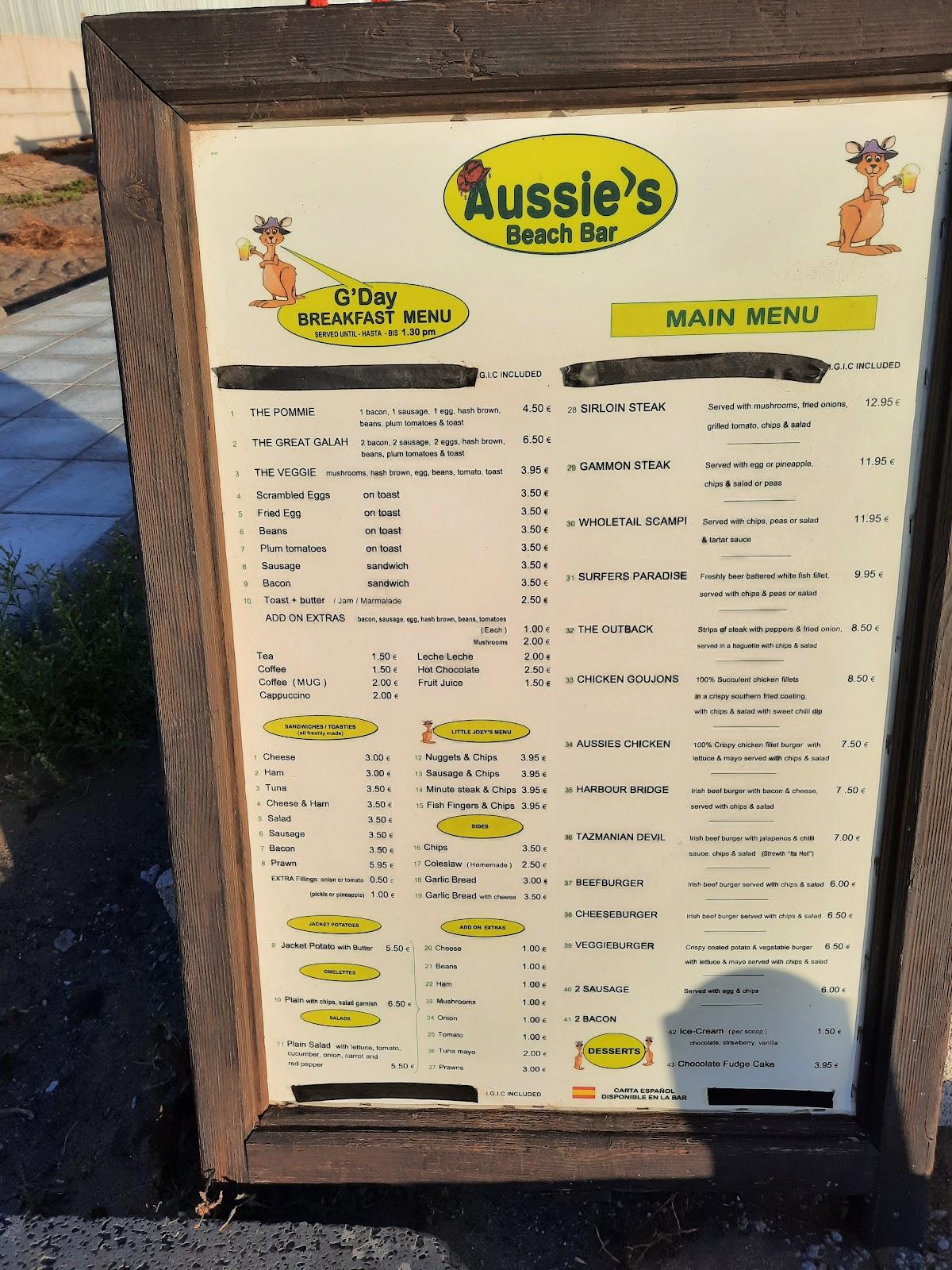 Menu at Aussie's Beach Bar, Tías