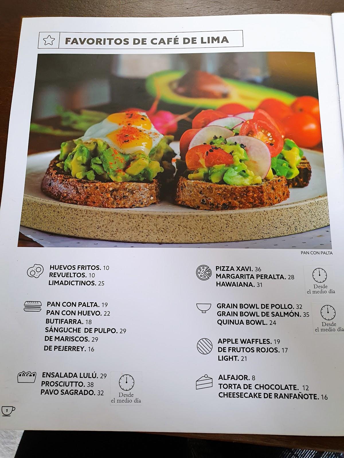 Menu at Café de Lima, Miraflores, Av. Angamos Oeste 1003