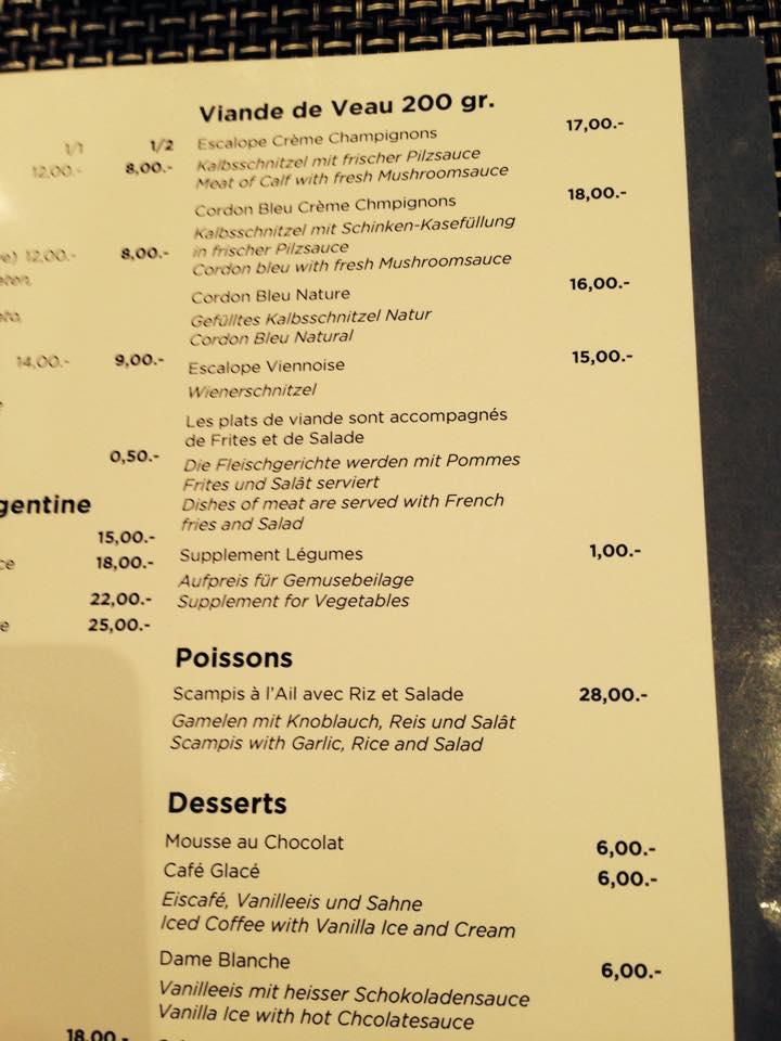 Menu at Chez Marco restaurant, Luxembourg City