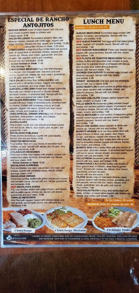 Menu at El Señor Rancho restaurant, Lenoir City