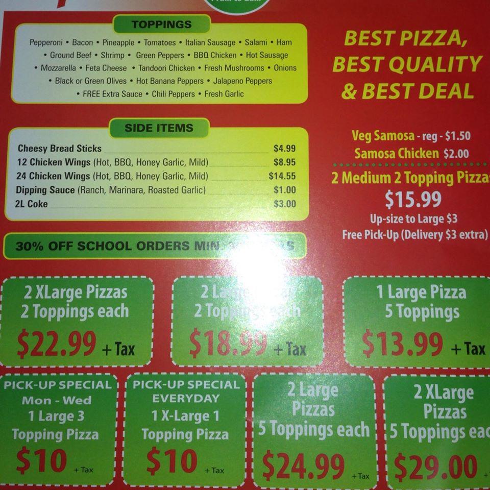 Menu at Flying Pizza pizzeria, Winnipeg, 400 Edison Ave