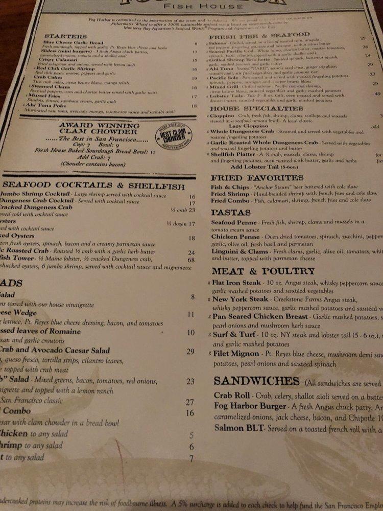 Menu at Fog Harbor Fish House pub & bar, San Francisco, 39 pier