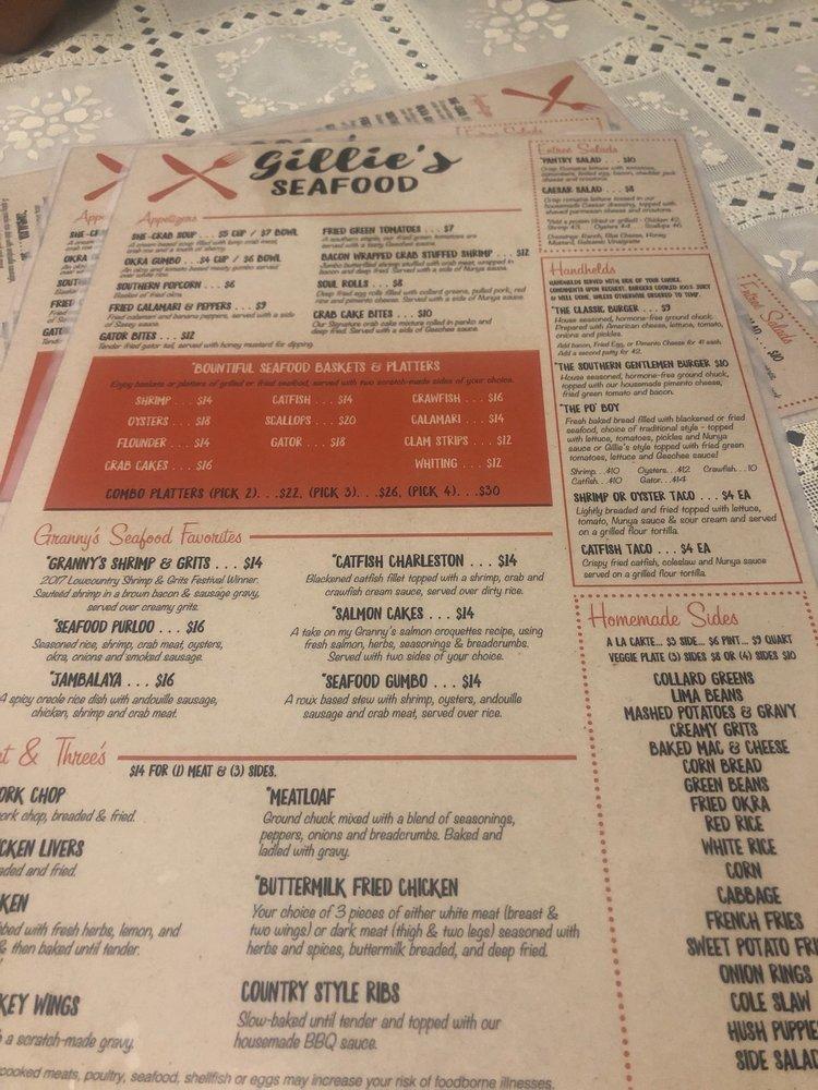 Menu at Gillie's Seafood restaurant, Charleston