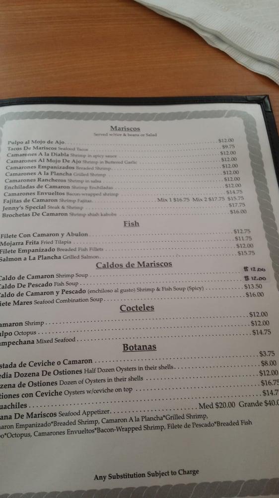 Menu at Jenny's Grill Steak & Mariscos restaurant, Barstow