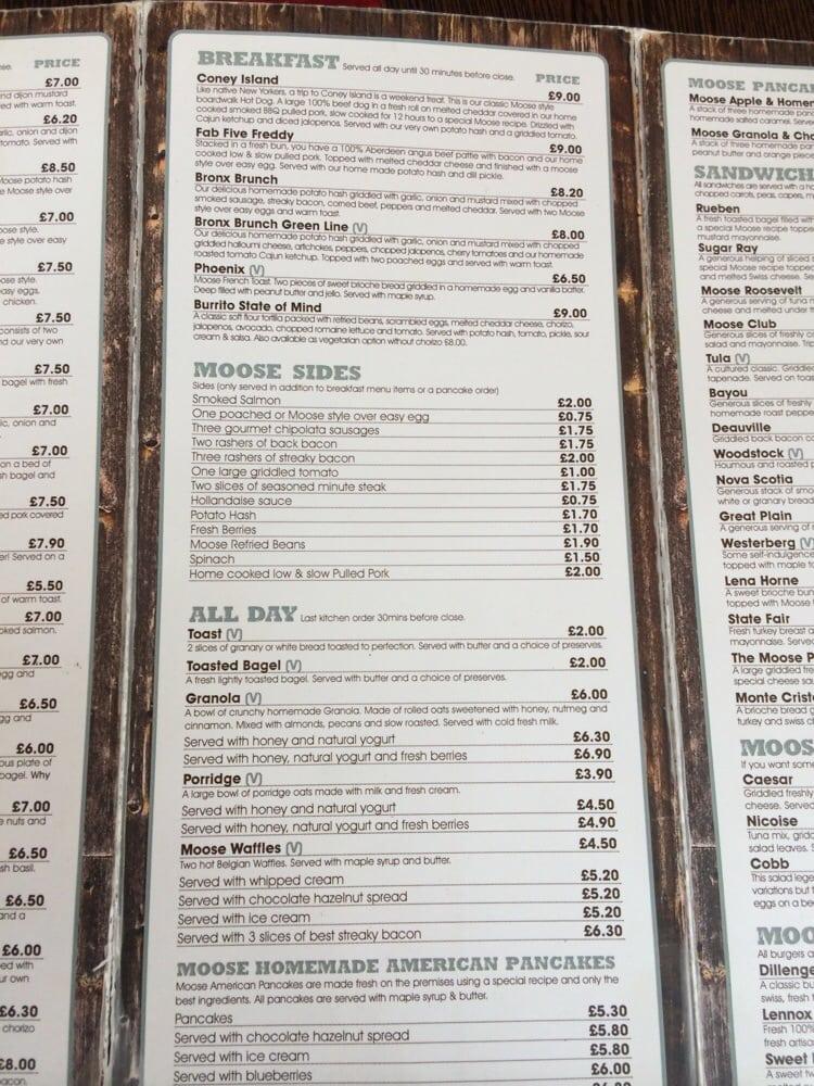 Menu at Moose Coffee restaurant, Manchester, 20 York St