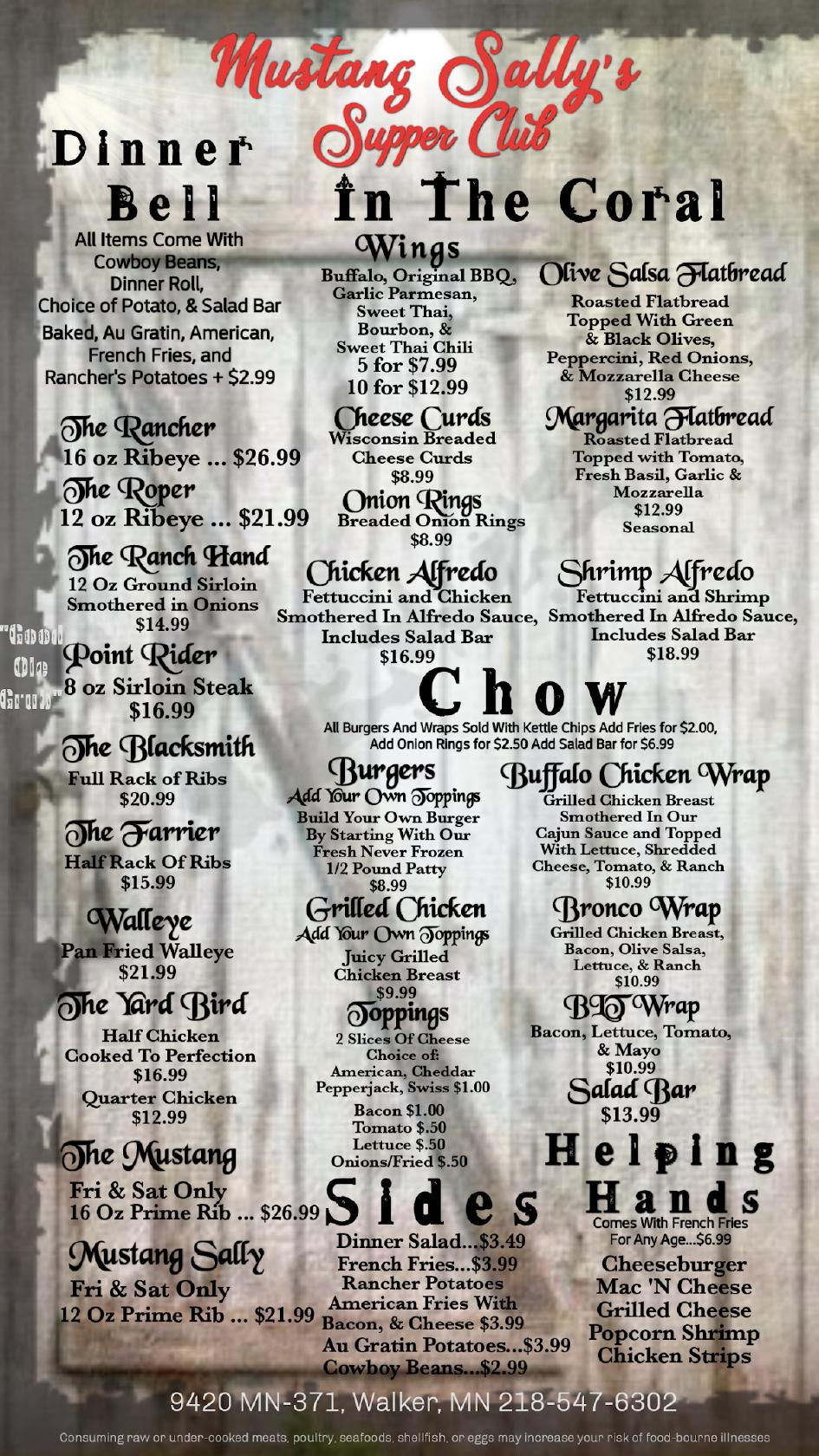 Menu at Mustang Sally's supper club, USA