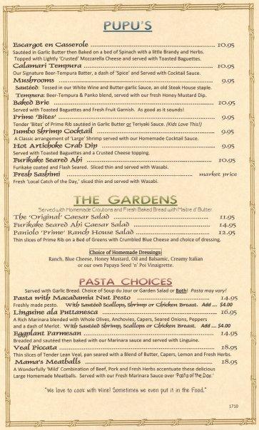 Menu at Ponds Hilo restaurant, Hilo