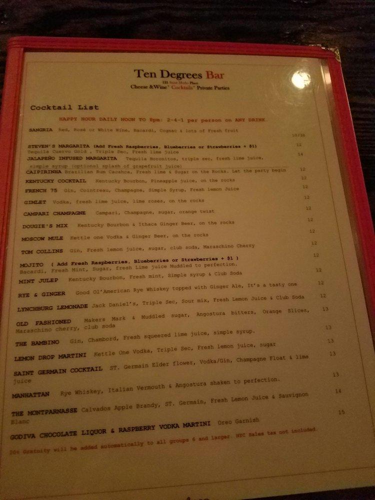 Menu at Ten Degrees pub & bar, New York City, 121 St Marks Pl