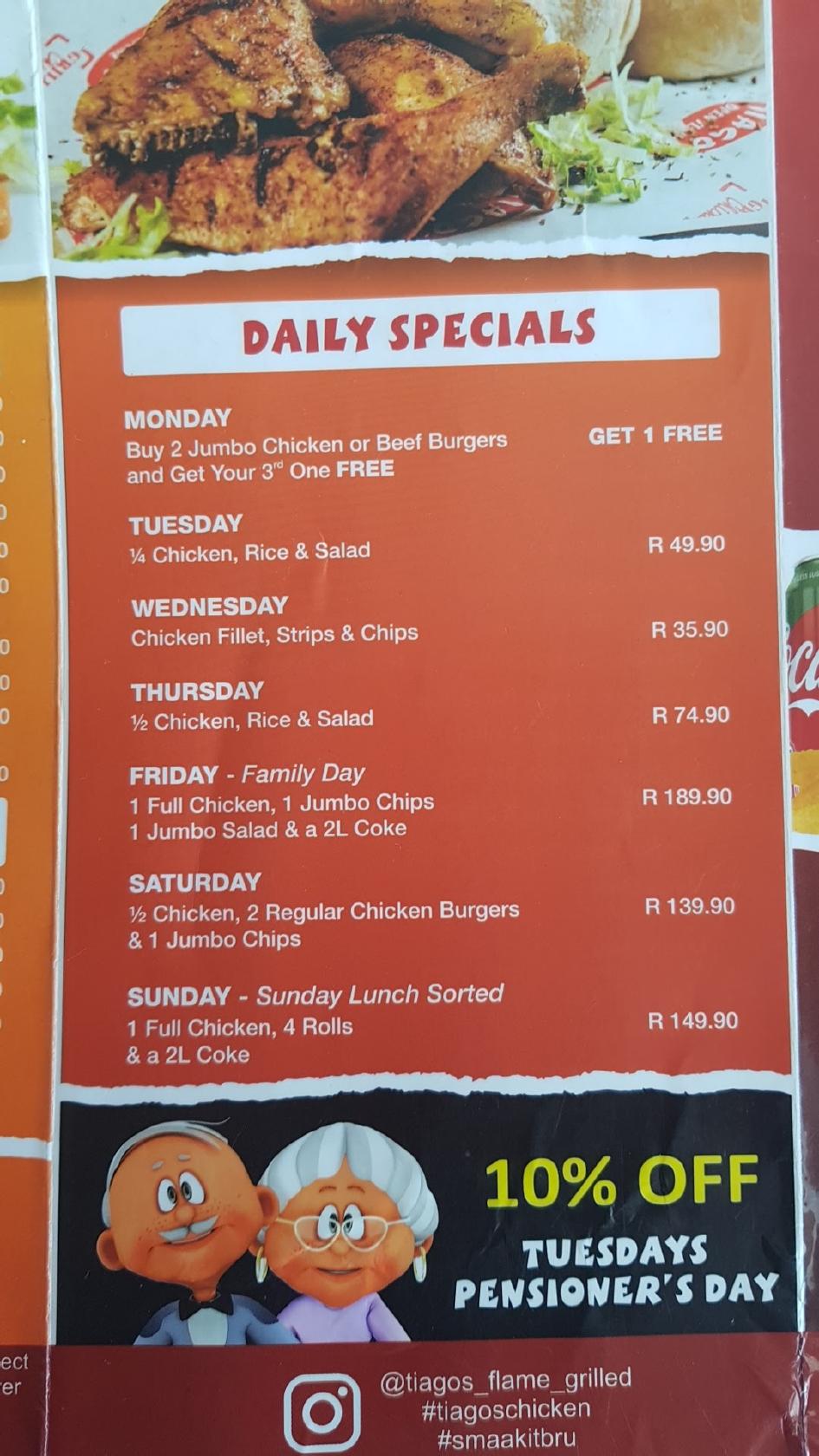 Carta del restaurante Tiago's Hillcrest, Hillcrest