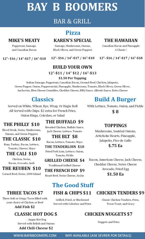 Menu at Bay B Boomers Bar & Grill, Laguna Vista