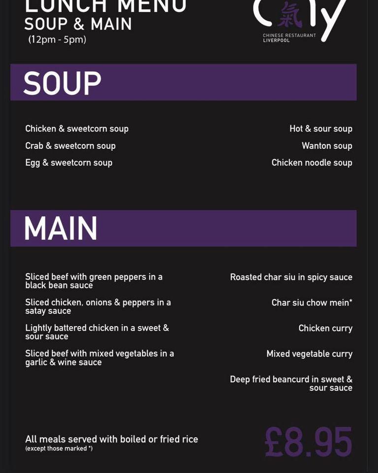 Menu at Chy Liverpool City Centre restaurant, Liverpool, 5-9 Renshaw St