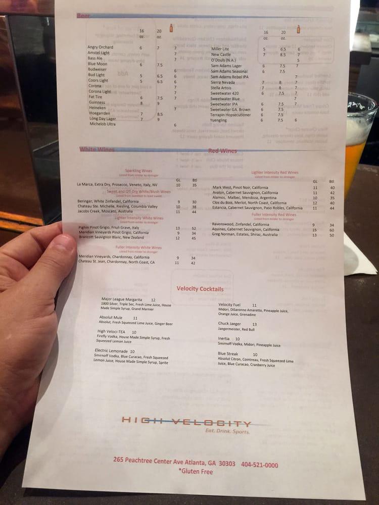 Menu at High Velocity pub & bar, Atlanta
