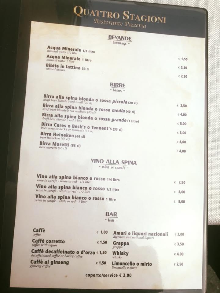 Menu at Quattro Stagioni restaurant, Varese