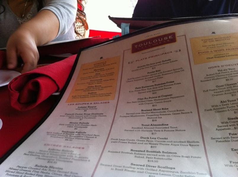 Menu at Toulouse restaurant, Dallas, Knox St