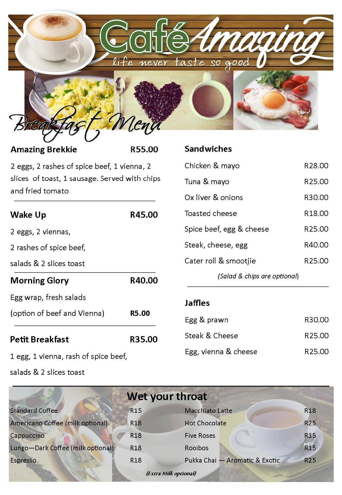 Menu at Cafe Amazing, Cape Town