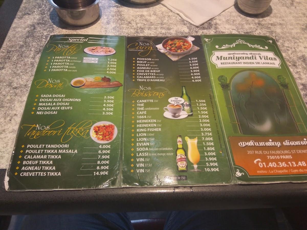 Menu au Muniyandi Vilas restaurant, Paris, 207 Rue du Faubourg Saint-Denis