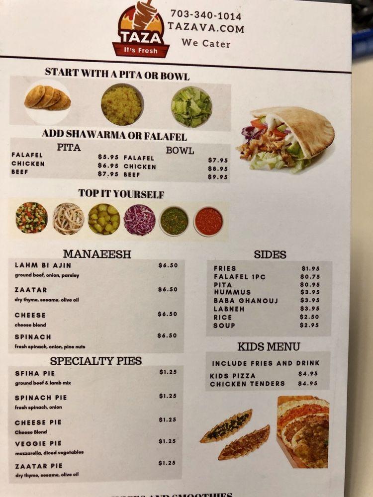 Menu at TAZA Shawarma and Falafel restaurant, Falls Church