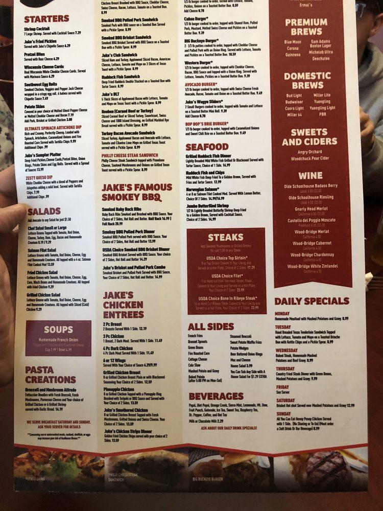 Menu at Buckeye Jake's Eatery steakhouse, West Alexandria