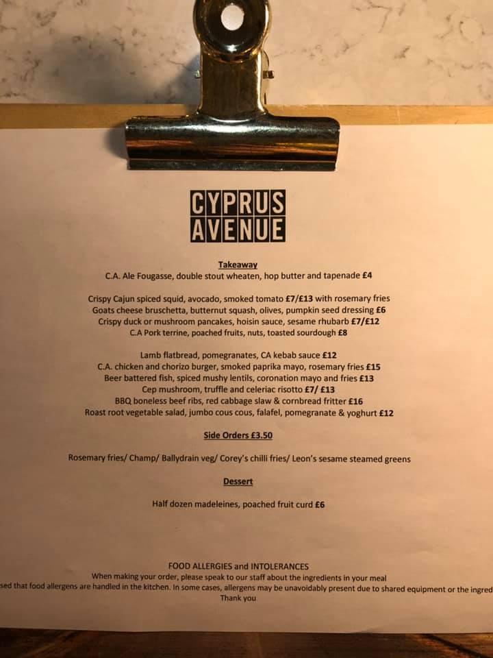 Menu at Cyprus Avenue cafe, Belfast