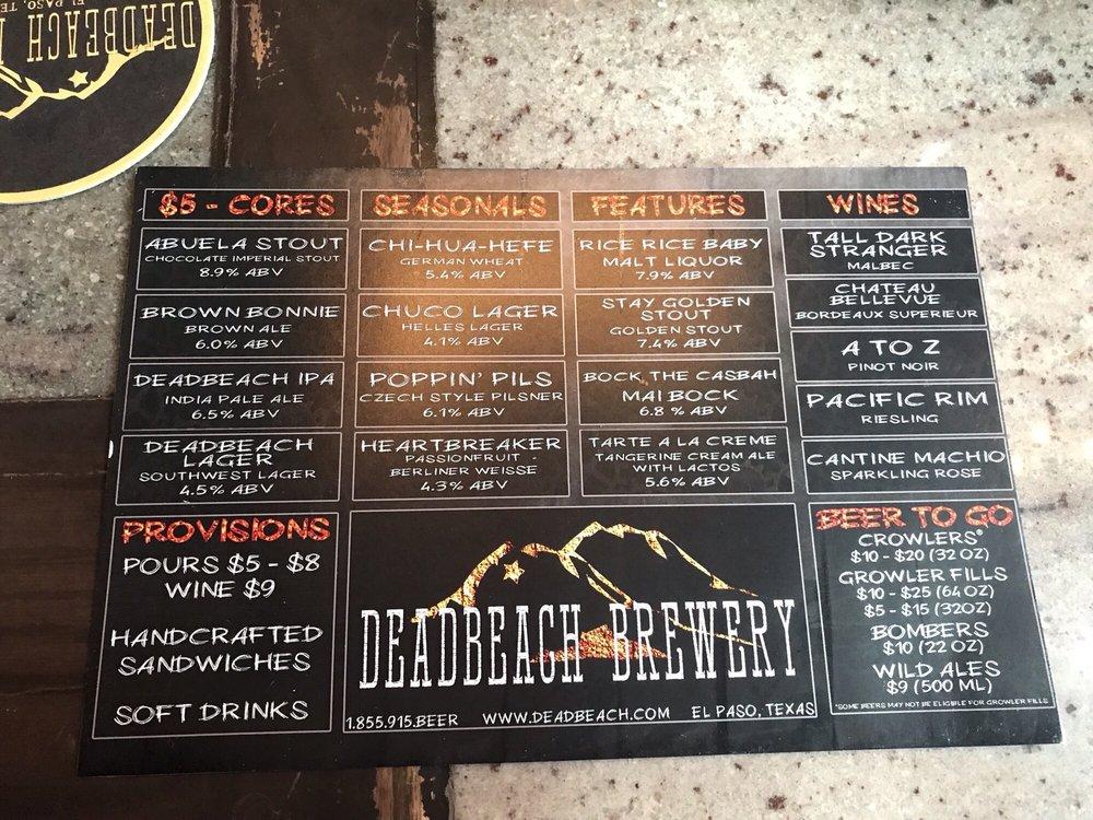 Menu at DeadBeach Brewery pub & bar, El Paso
