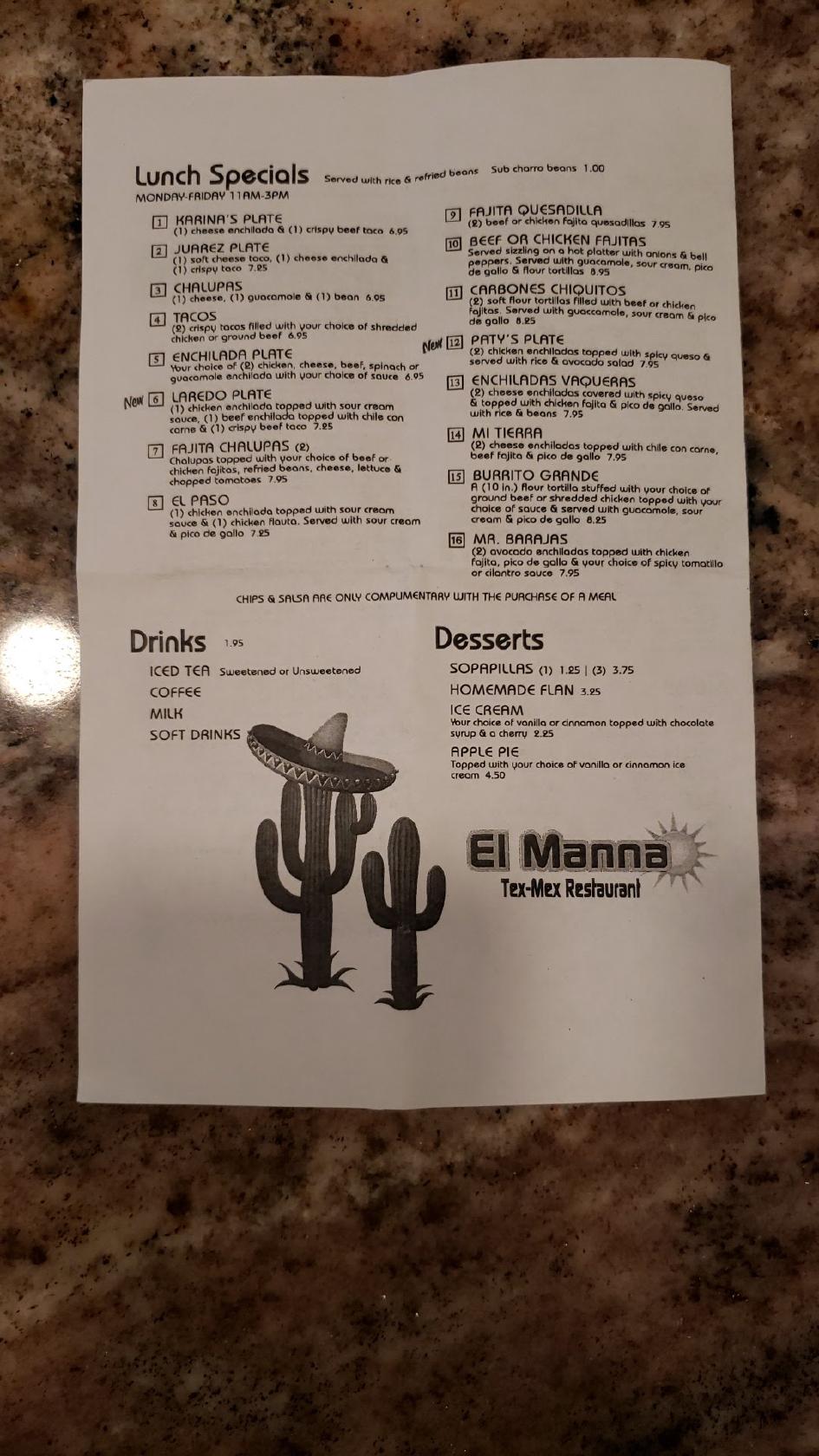 Menu at El Manna restaurant, Emory