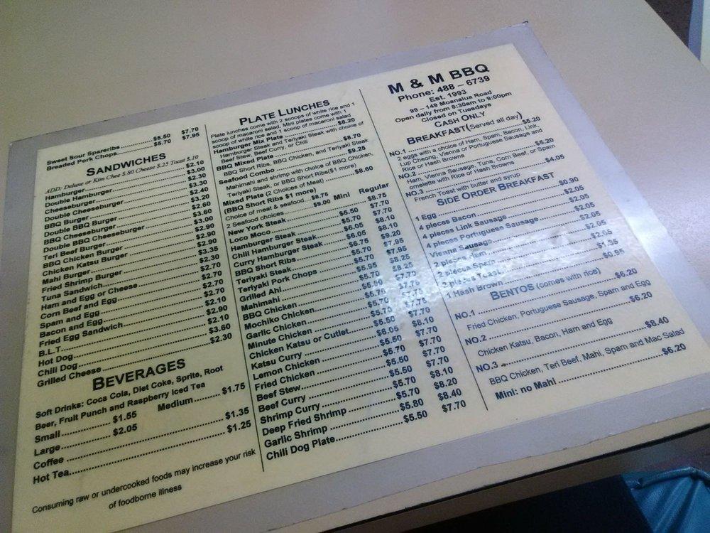 Menu at M & M BBQ, Aiea