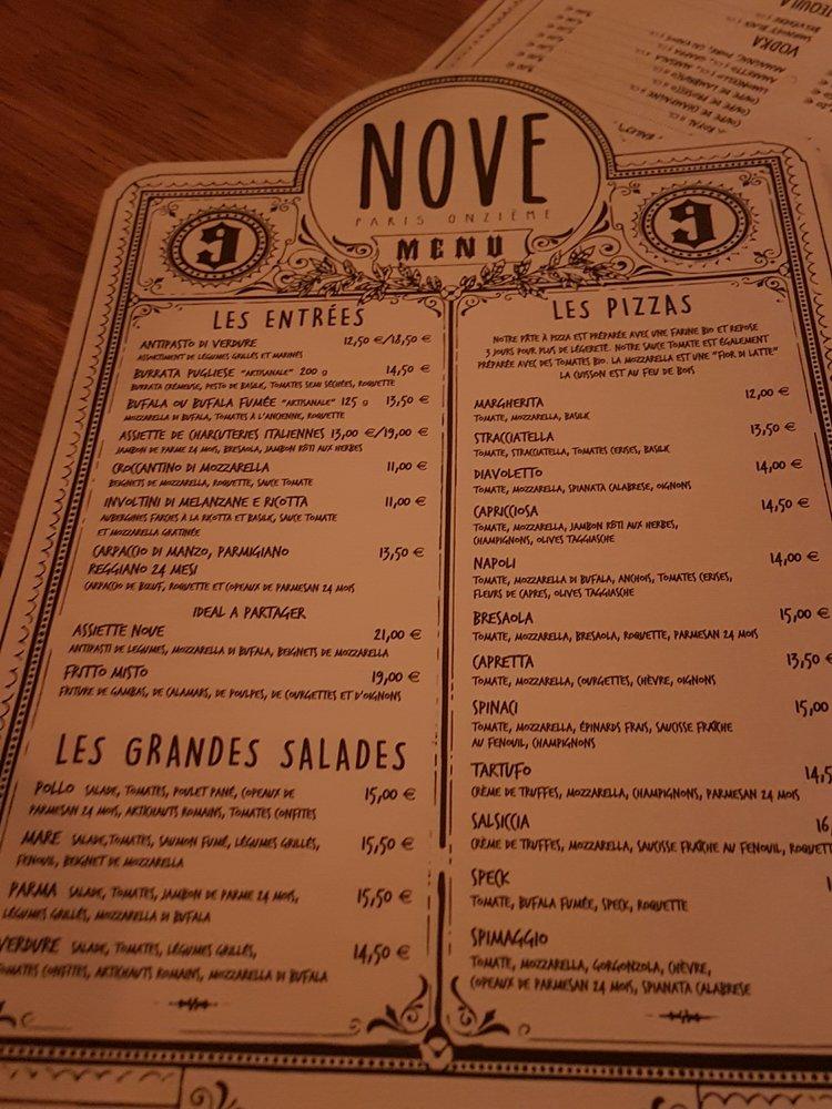 Menu at Nove restaurant, Paris, 7 Rue de Charonne
