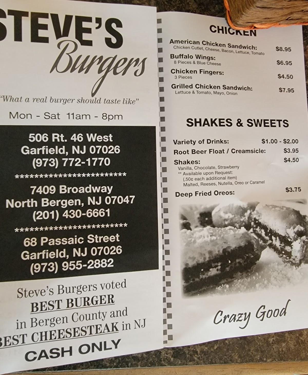 Menu at Steve's Burgers restaurant, Garfield, 506 US-46
