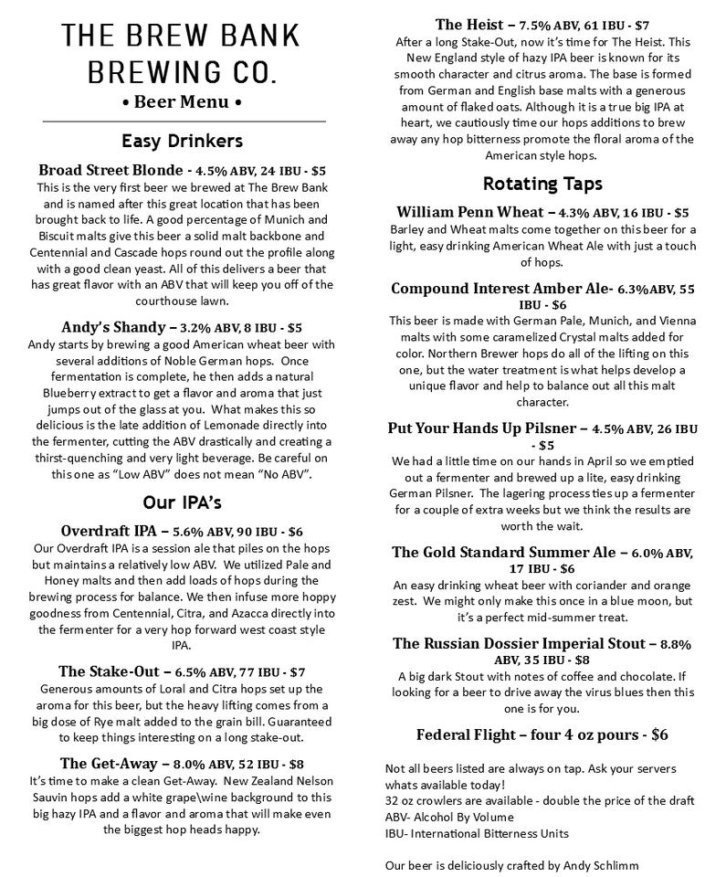 Menu at The Brew Bank Brewing Company pub & bar, Ridgway