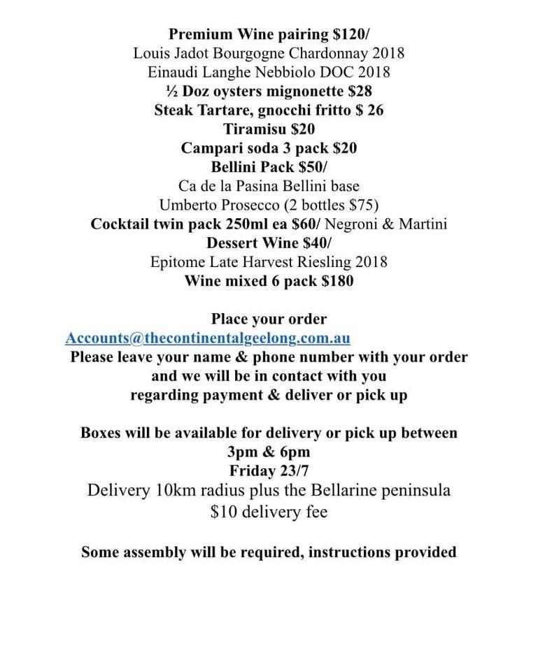Menu at The Continental restaurant, Geelong