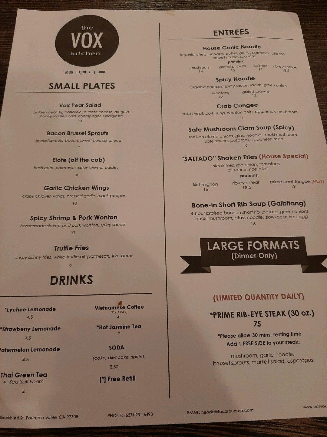 Menu at The Vox Kitchen restaurant, Fountain Valley