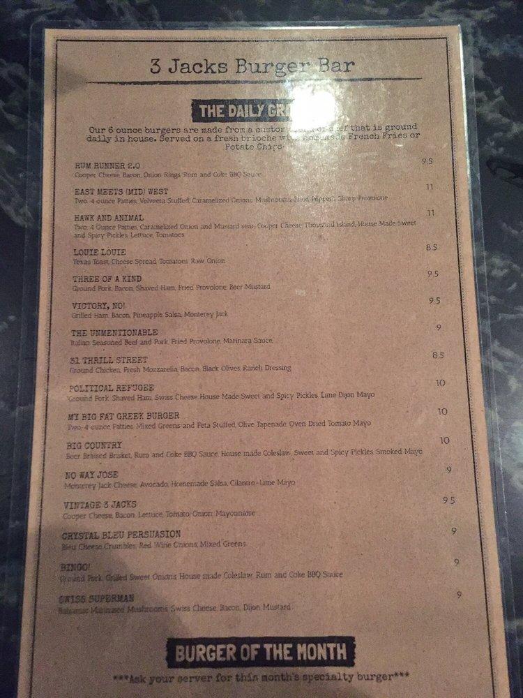 Menu at 3 Jacks Burger Bar, Dunmore