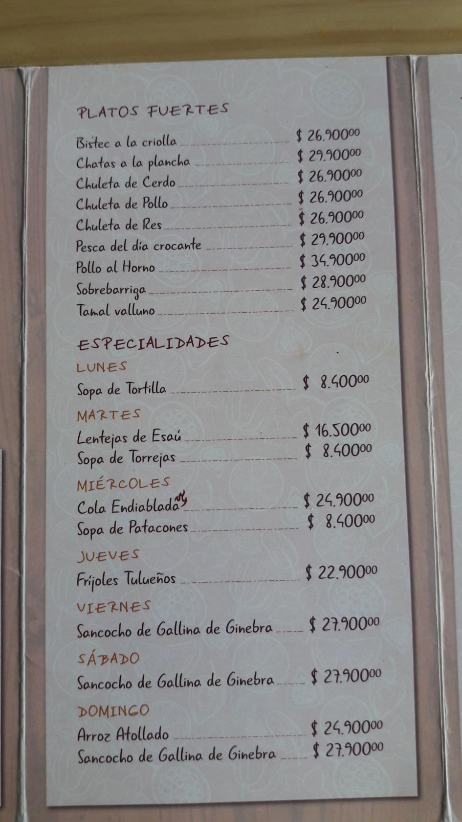 Menu at Fulanitos 109 restaurant, Bogotá