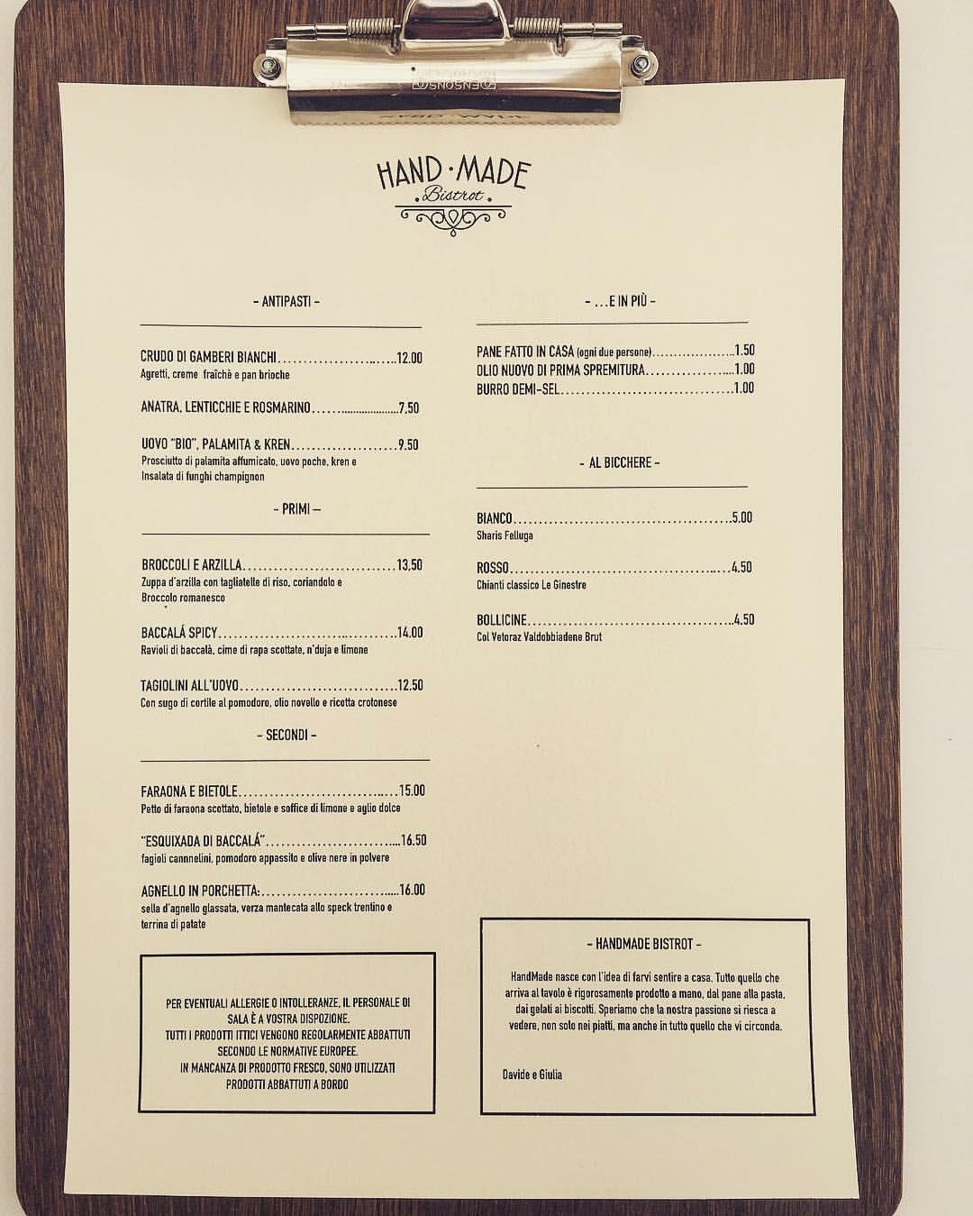 Menu at HandMade Fregene restaurant, Fregenae