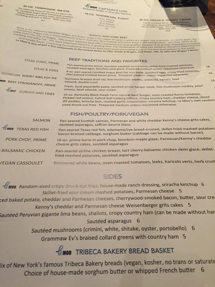 Menu at Le Moo steakhouse, Louisville