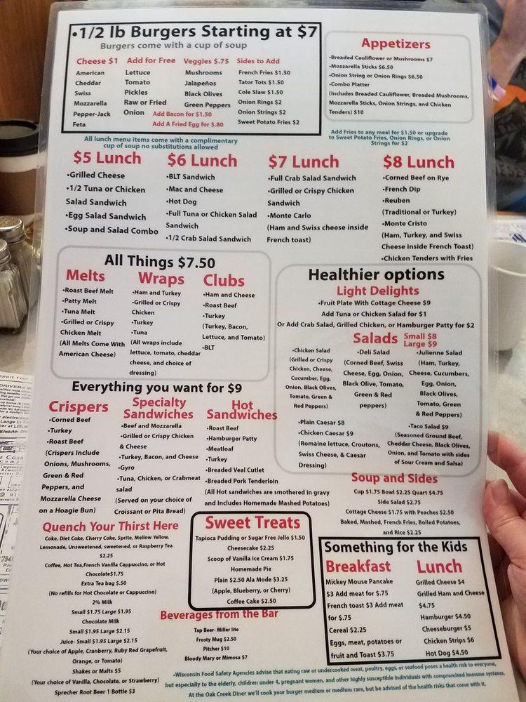 Menu at Oak Creek Diner restaurant, Oak Creek