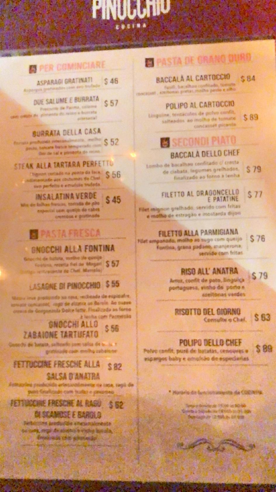 Carta del restaurante PINOCCHIO CUCINA, São Paulo, Alameda Tietê