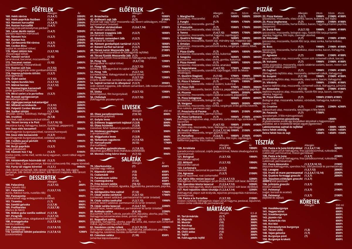 Menu at Portofino Pizza restaurant, Dunakeszi, Barátság útja 49