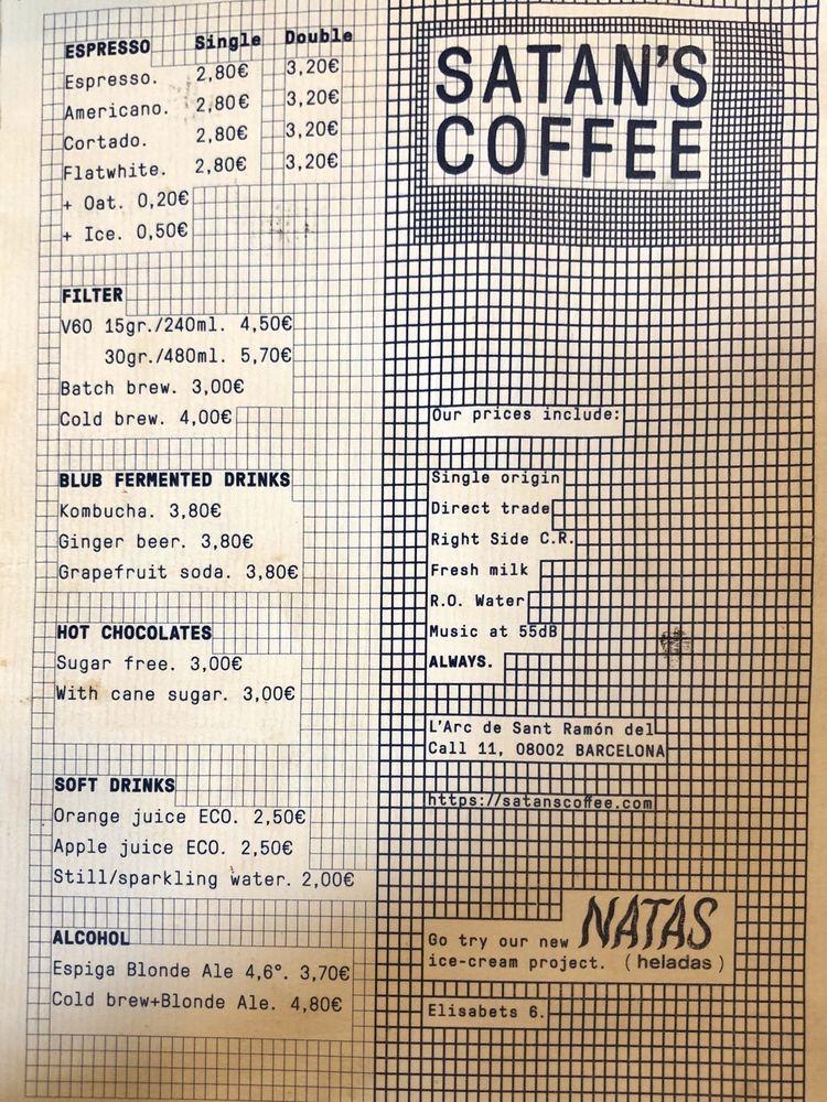 Menu at Satan's Coffee Corner cafe, Barcelona, Carrer de l'Arc de Sant ...