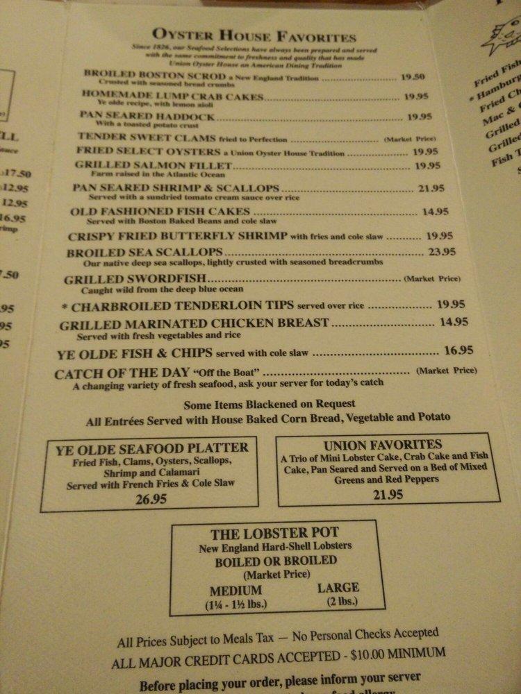 Menu at Union Oyster House restaurant, Boston