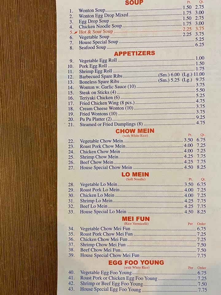 Menu at China King restaurant, Crossville