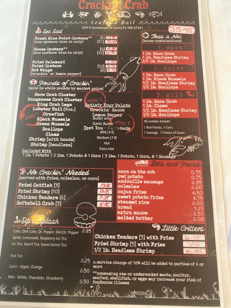Menu at Crackin' Crab Santa Fe Seafood Boil restaurant, Santa Fe