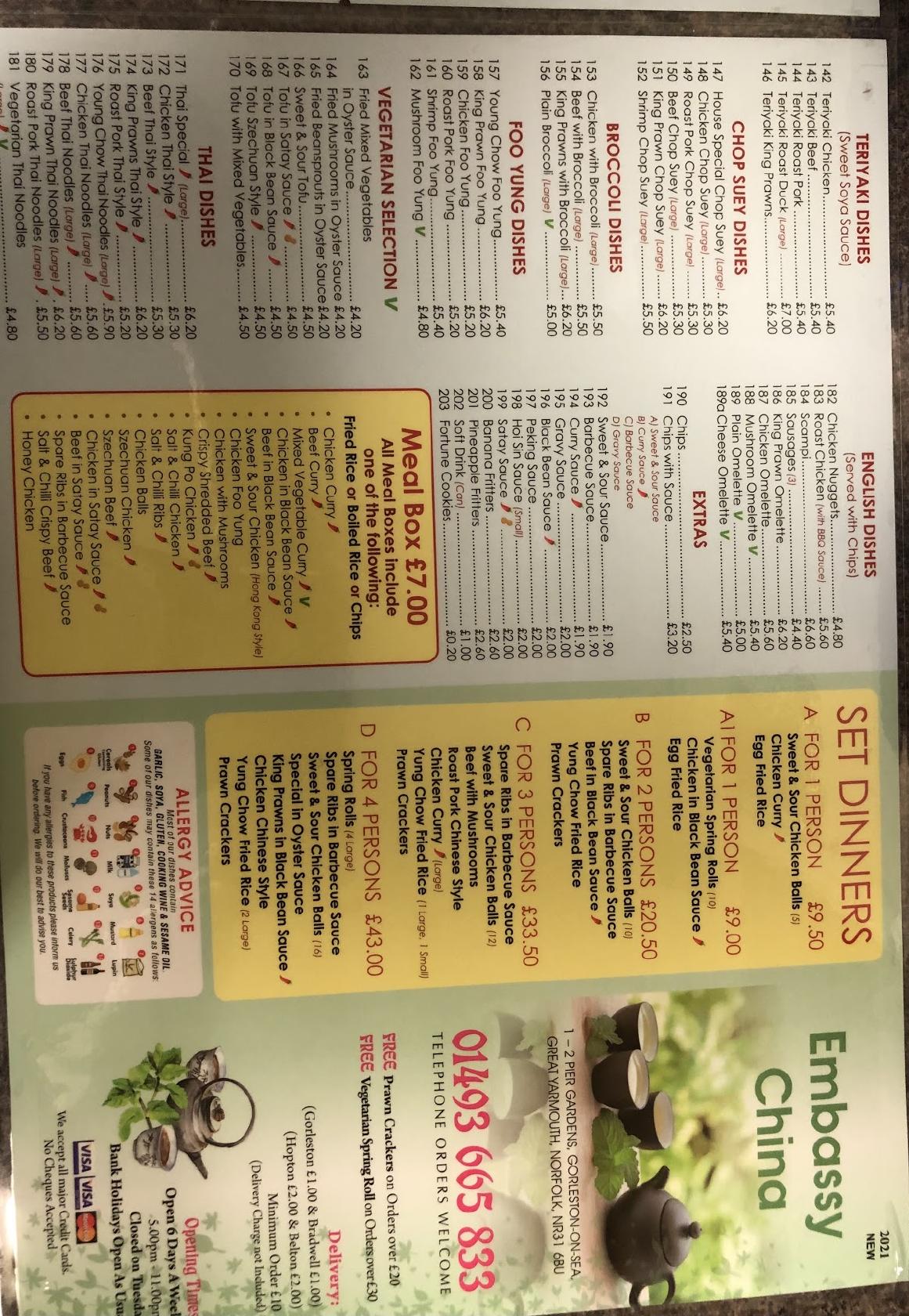 Menu at Embassy China restaurant, Great Yarmouth