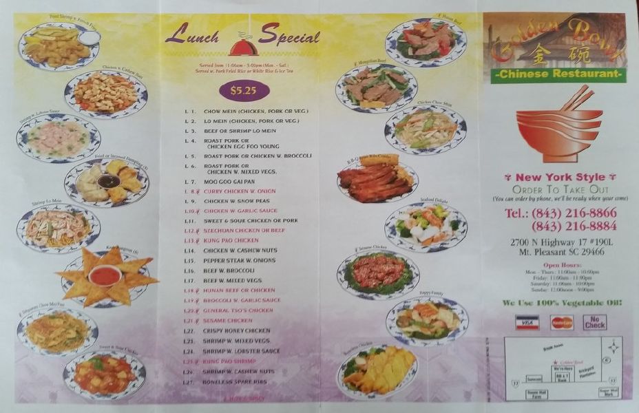 Menu at Golden Bowl restaurant, Mount Pleasant
