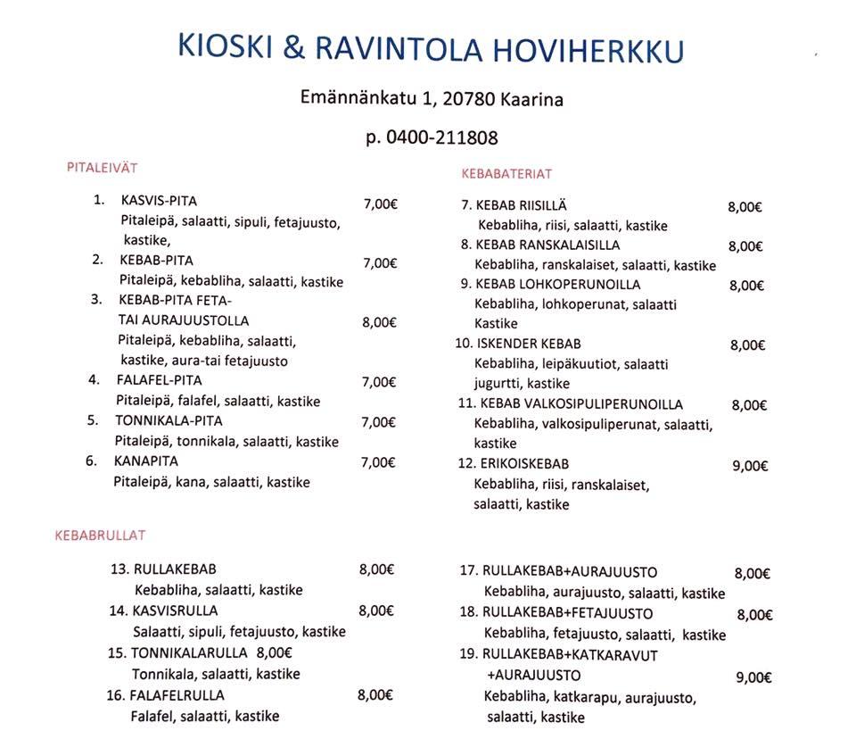Menu at Kioski & Ravintola Hoviherkku restaurant, Kaarina