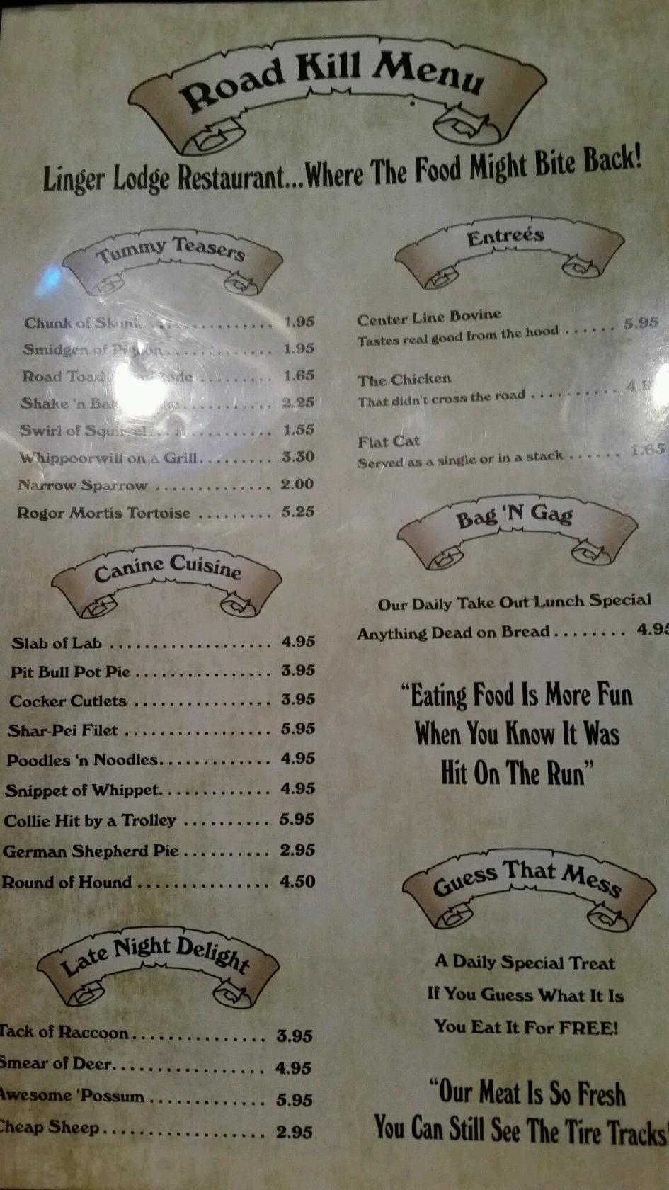 Menu at Linger Lodge Restaurant, Bradenton