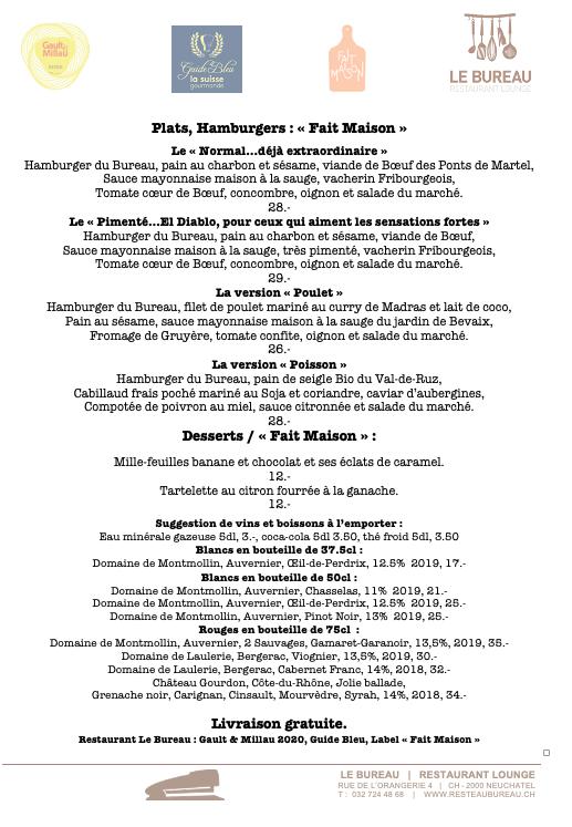 Menu au Restaurant Le Bureau, Neuchâtel, Rue de l'Orangerie 4