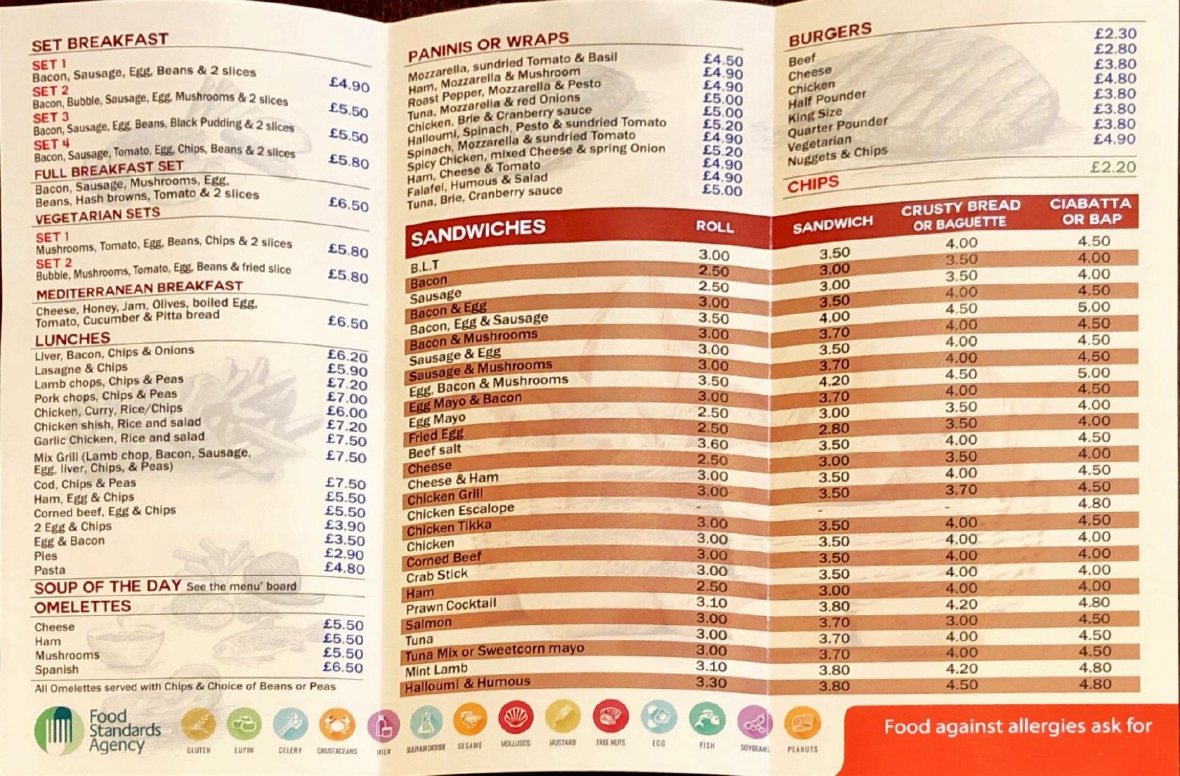 Menu at Ronis cafe, London